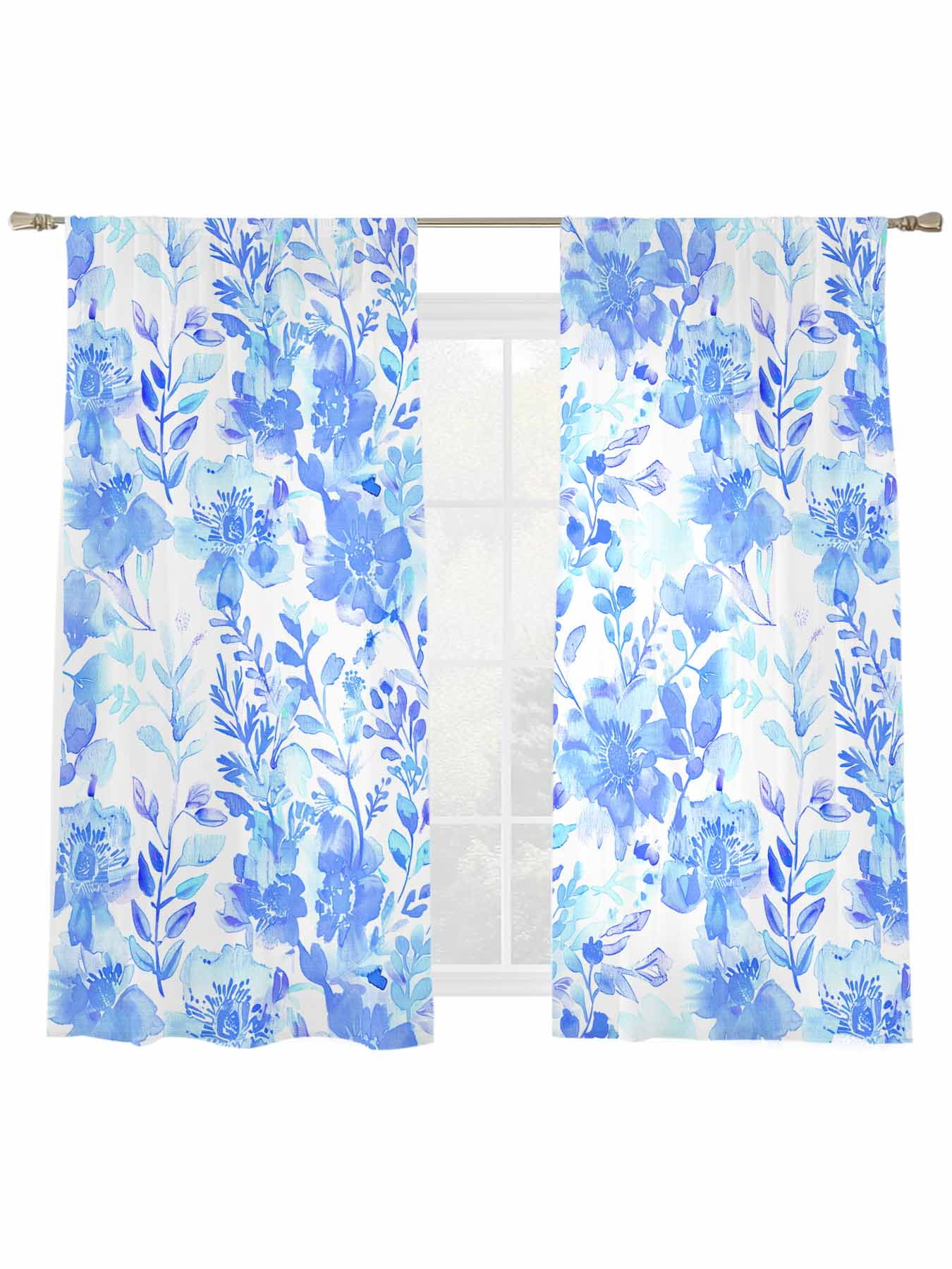 Abstract Dark Blue Floral Sheer Curtains 2 Panels Set Watercolor Plants ...