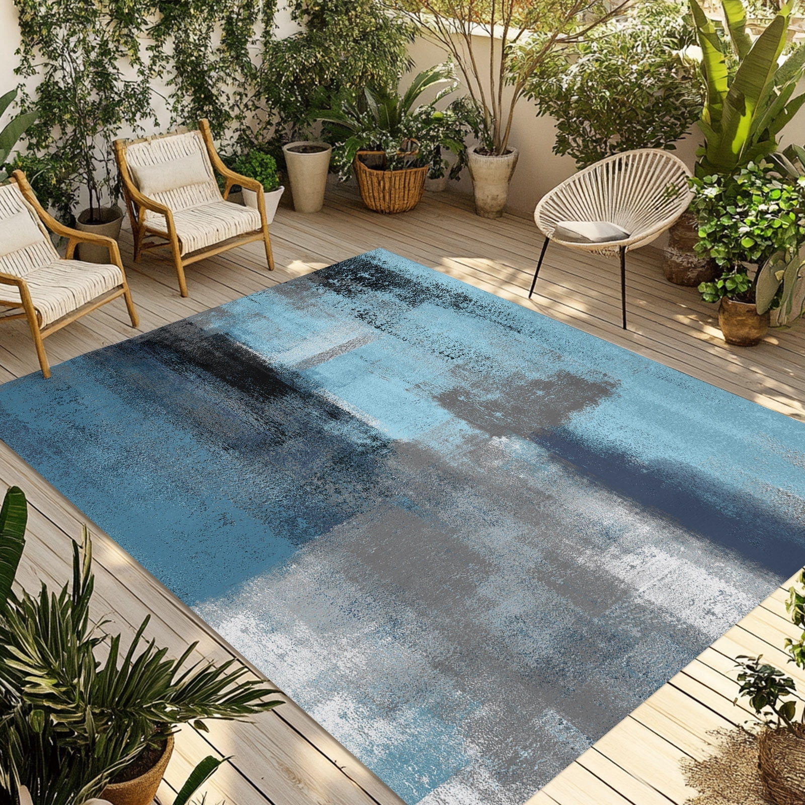 Abstract Decorative Outdoor Rug, Blue Gary Paint Mottled Art Non-Slip ...