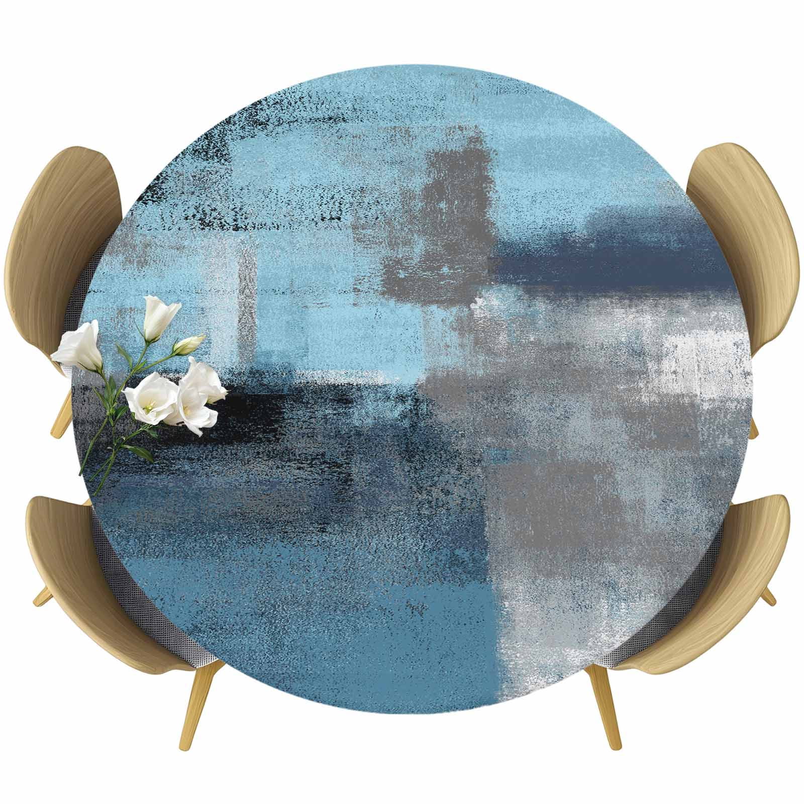 Abstract Decorative Round Fitted Tablecloth with Elastic Edge, Blue ...