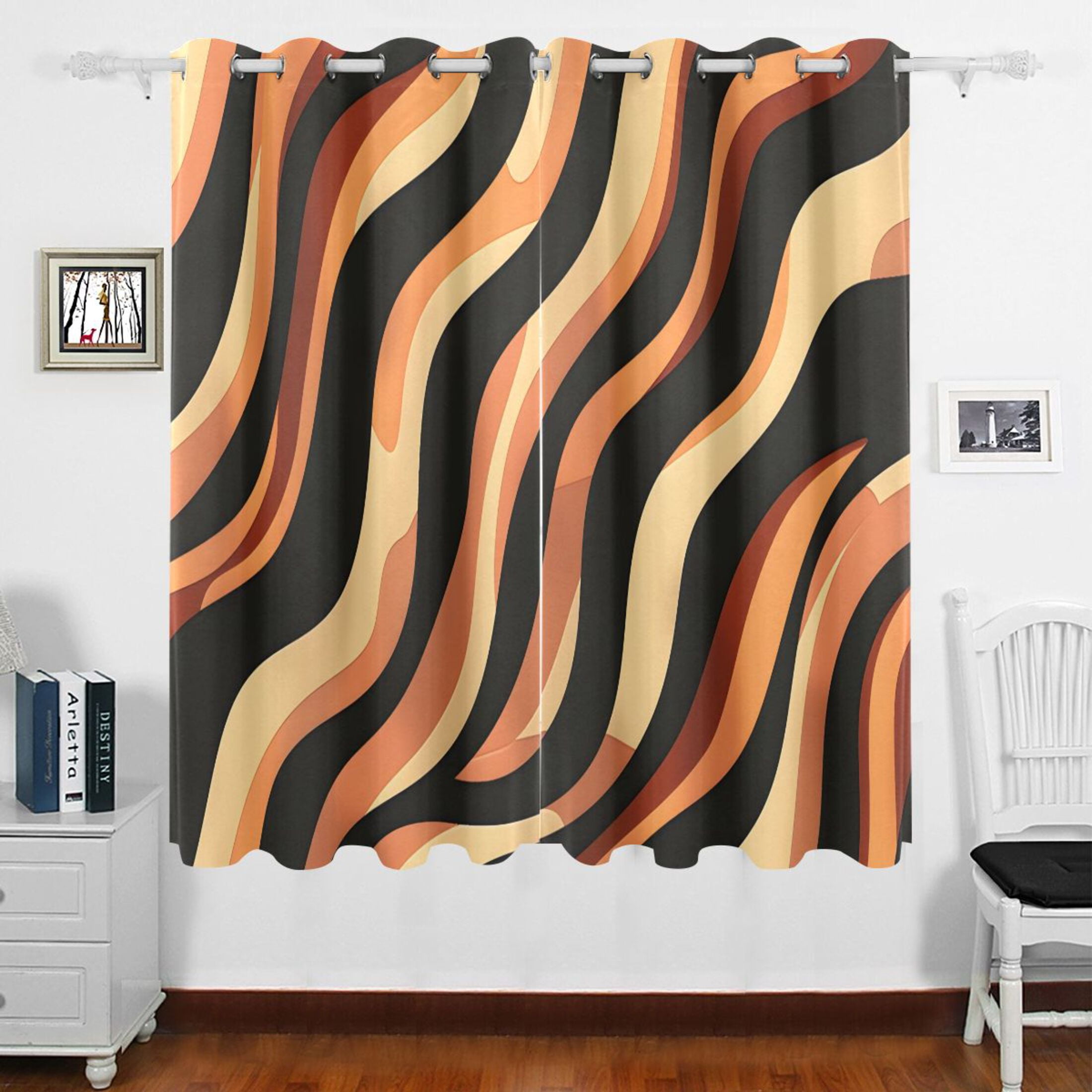 Abstract Decorative Wavy Blackout Curtains 63 inch Length 2 Panels ...