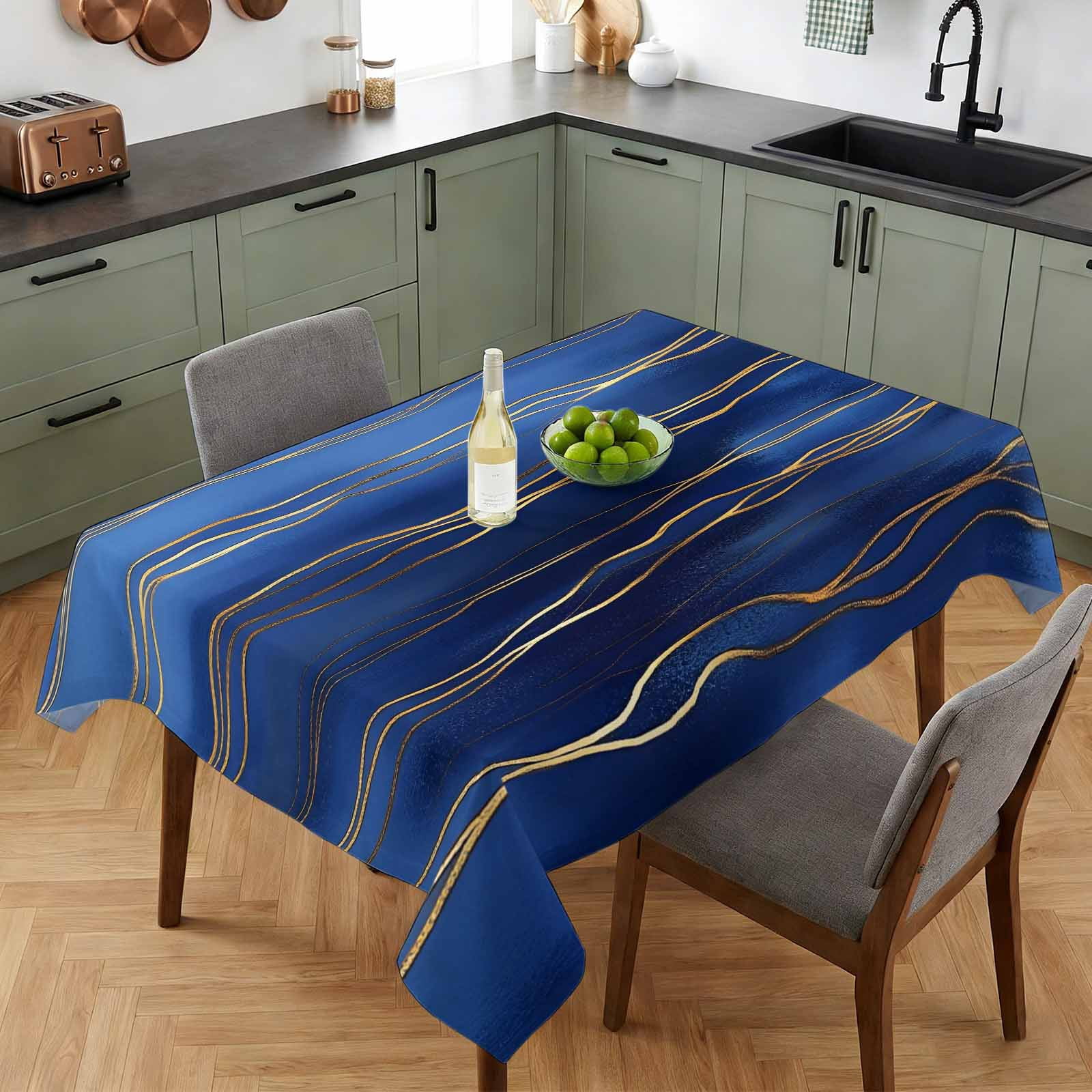 Abstract Deep Blue Sea Golden Line Table Cloth 52x70in, Waterproof ...