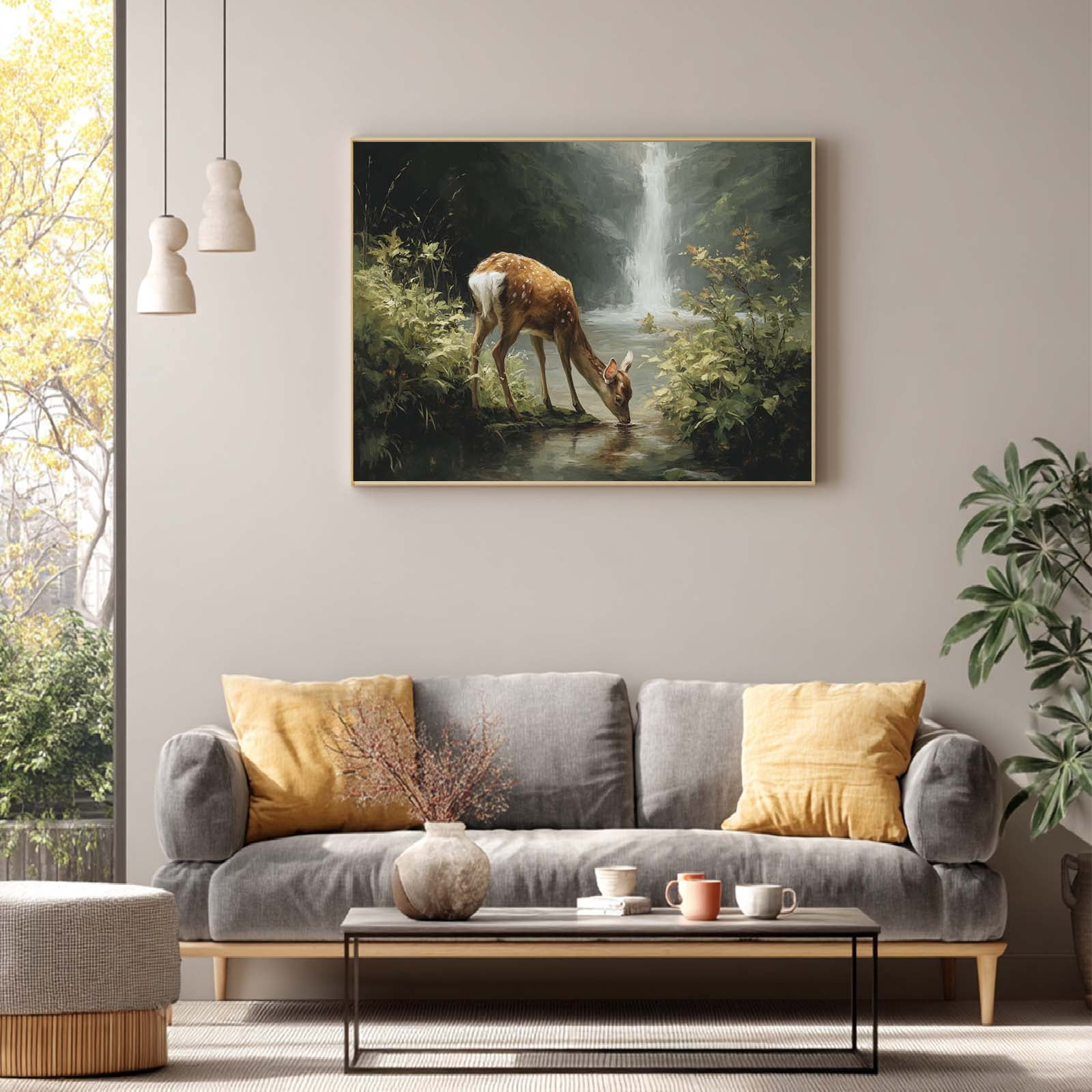 Abstract Deer Animal Canvas Painting Scenery Waterfall Wall Art ...