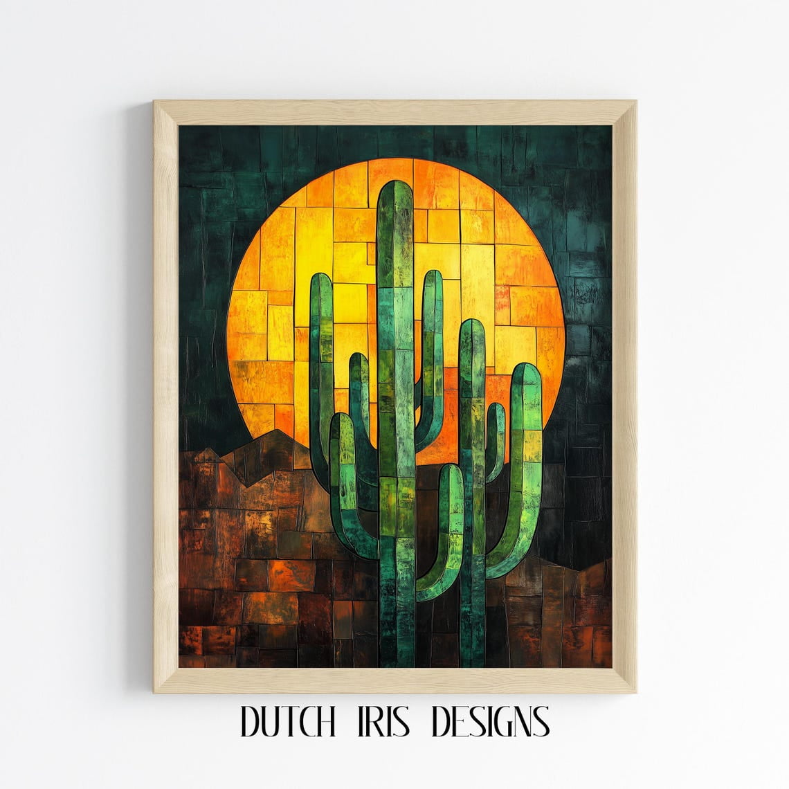Abstract Desert Cactus Print, Cubist Style Wall Art, Vibrant Sunset ...