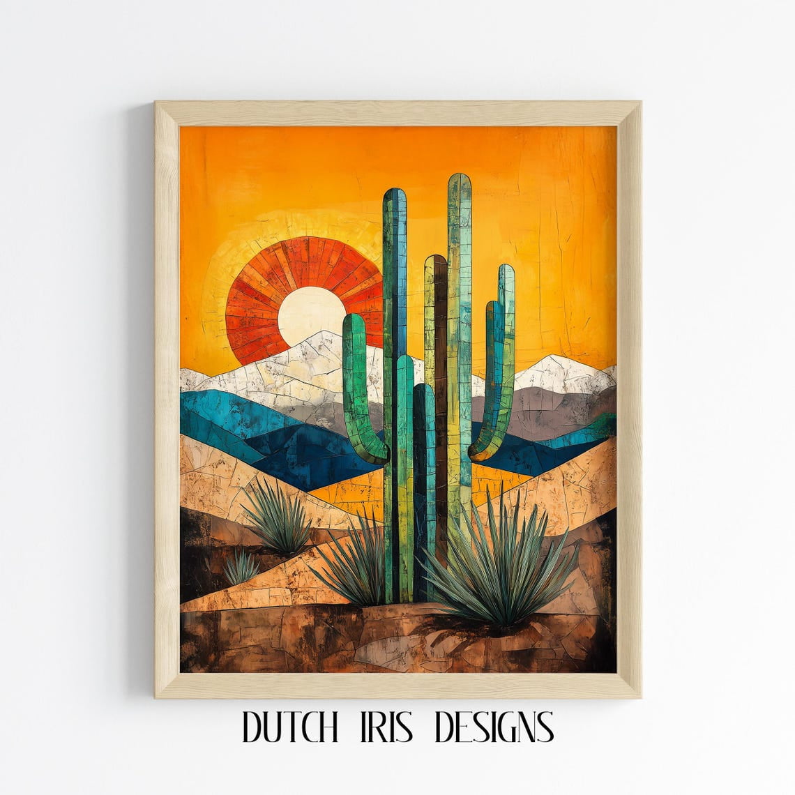 Abstract Desert Cactus Scene, Cubist Landscape Art, Wall Decor, Vibrant ...