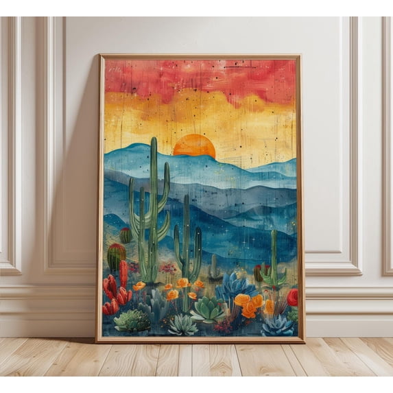 Abstract Desert Landscape Poster Retro Mexican Cactus Sunset Poster ...