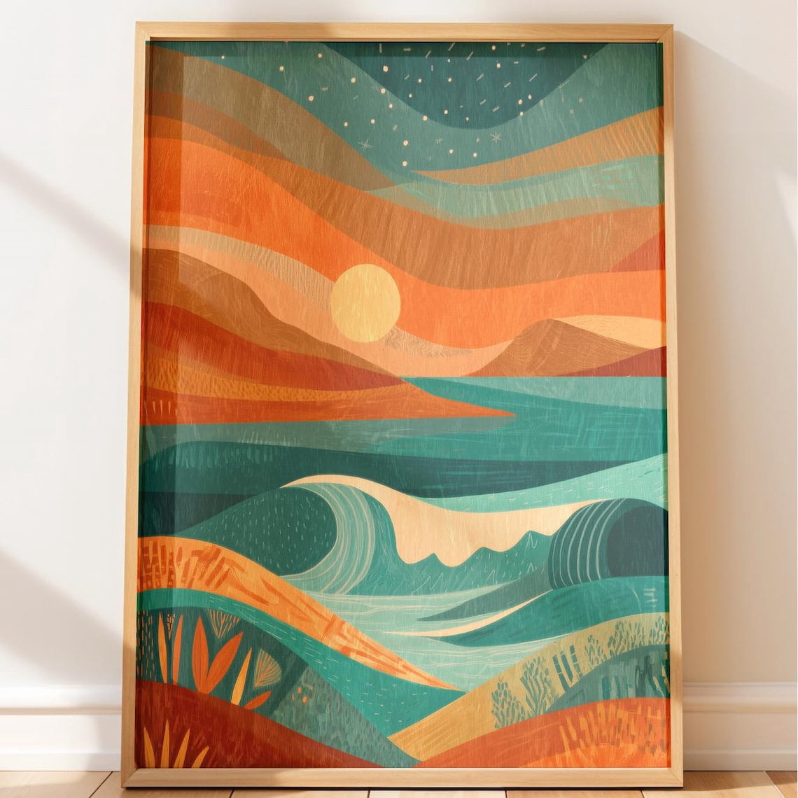 Abstract Desert Landscape Print Warm Sunset Coastal Retro Style ...
