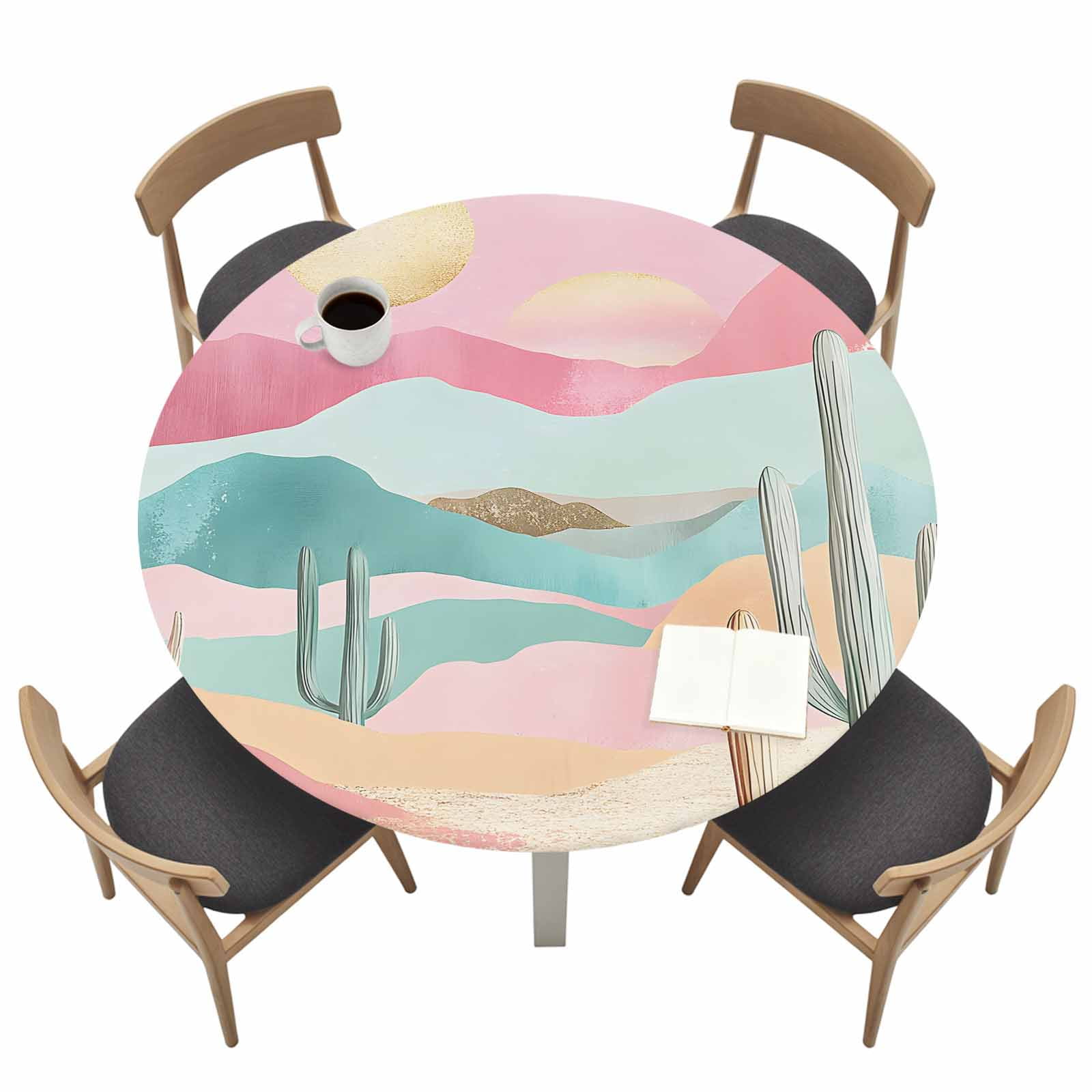 Abstract Desert Round Fitted Tablecloth with Elastic Edge Cactus ...
