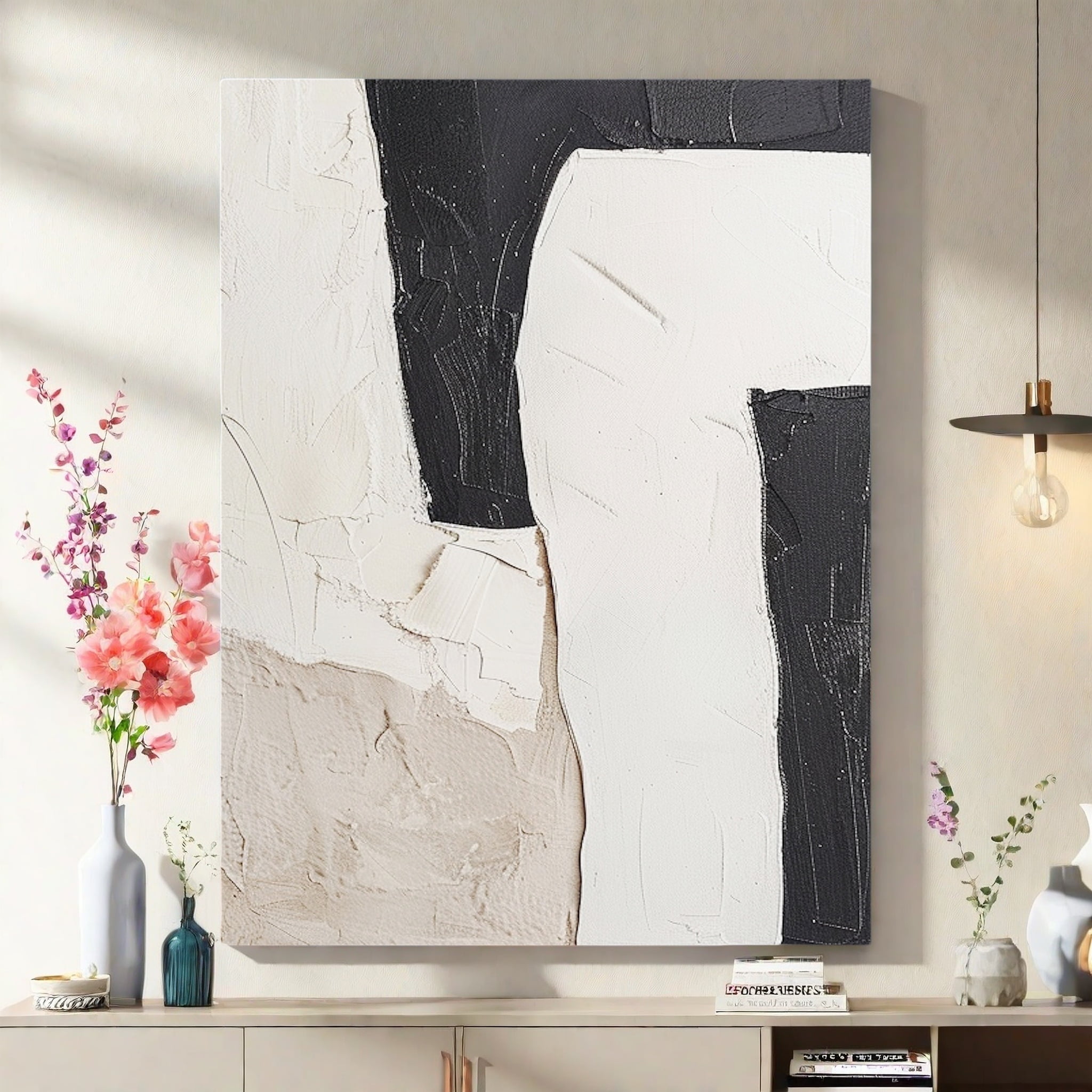 "Abstract Dialogue in Black, White, and Beige"(16"x24" customizable) by ...