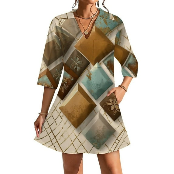 Abstract Diamond Art Design Womens Dress With Pockets Summer V Neck 3/4 ...