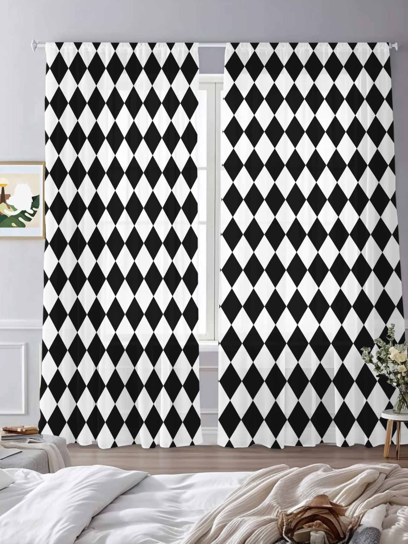 Abstract Diamond Lattice Black and White Sheer Curtains 2 Panels Set ...