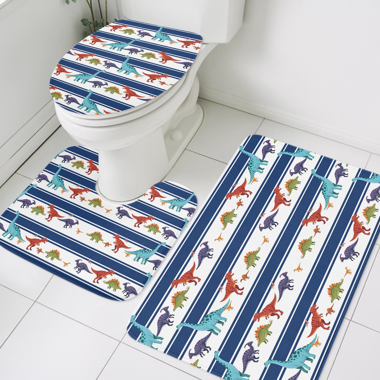 Abstract Dinosaur Bathroom Rugs Set Red Purple Green Dinosaur Navy Blue ...