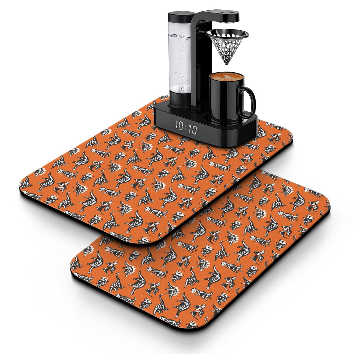 Abstract Dinosaur Coffee Station Mat Set - 2pcs Hand-Drawn Dino Pattern, 4-Layer Protection for ...