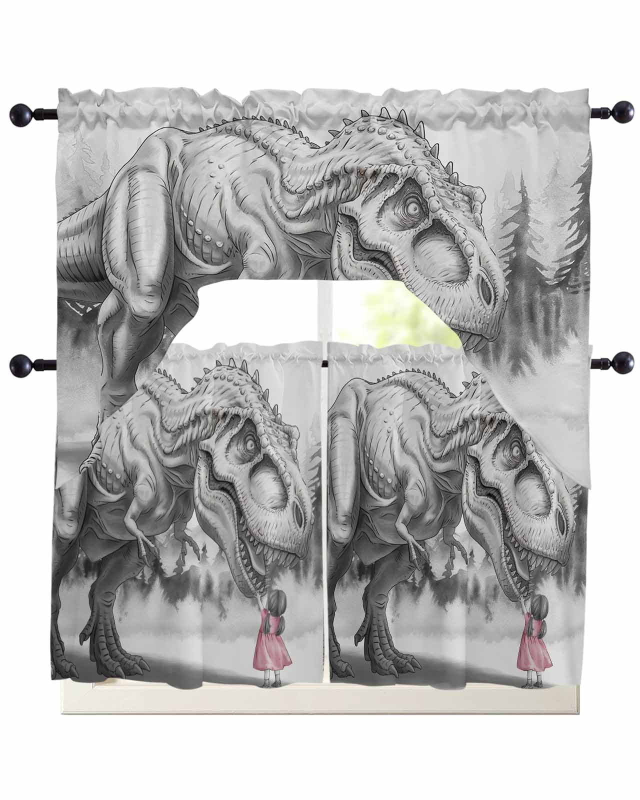 Abstract Dinosaur Swag Valance and Tier Curtains Set Retro Gray Animal ...
