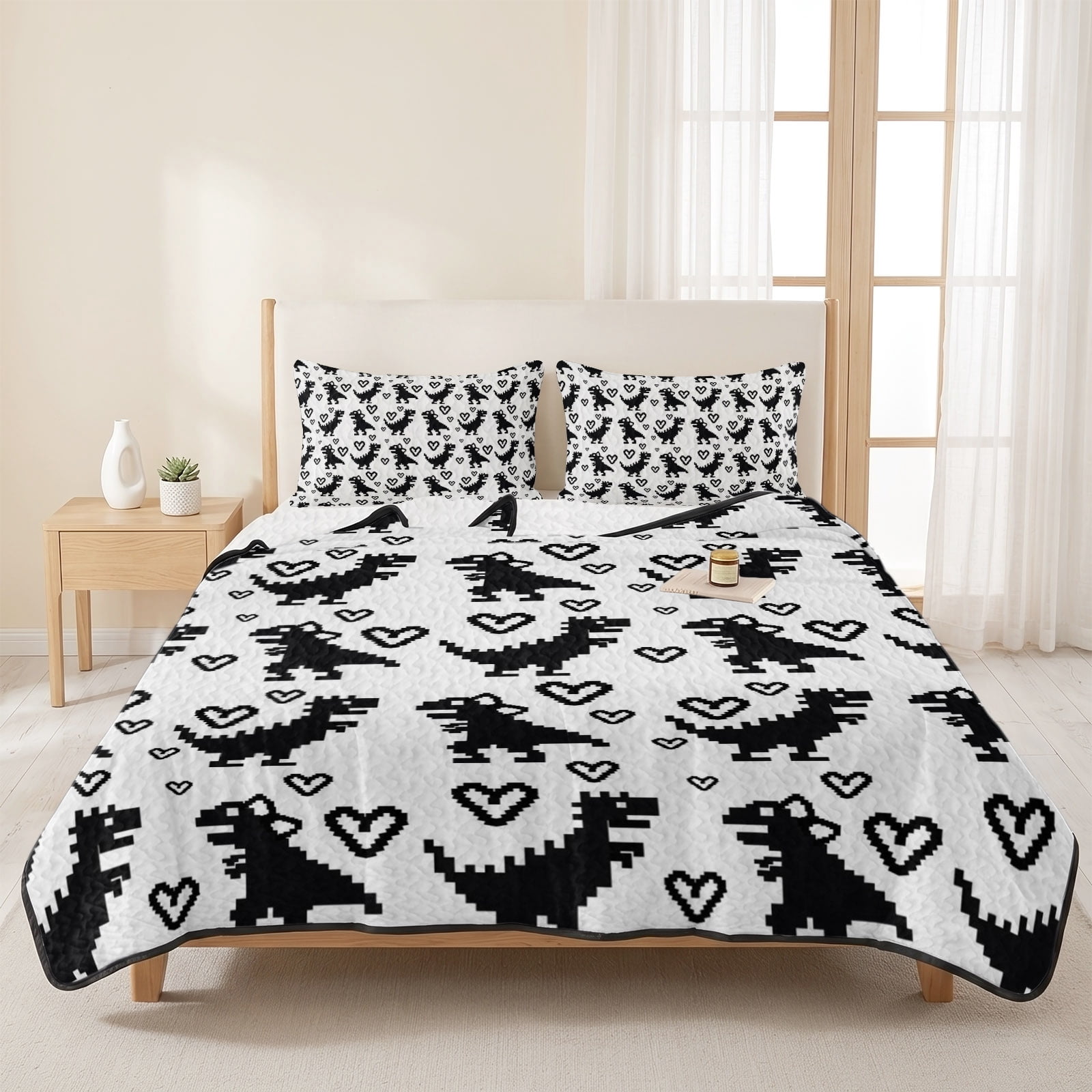 Abstract Dinosaurs Love Hearts 3 Pieces Quilt Set,1 Quilt with 2 Shams ...
