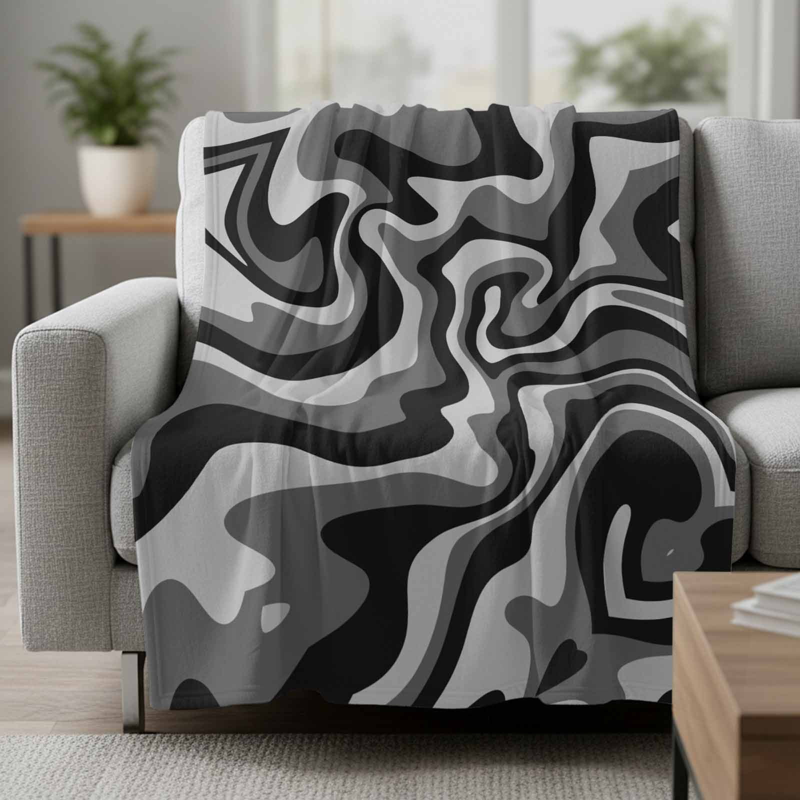 Abstract Distortion Texture Fleece Throw Blanket Grey Black Line Fluid ...