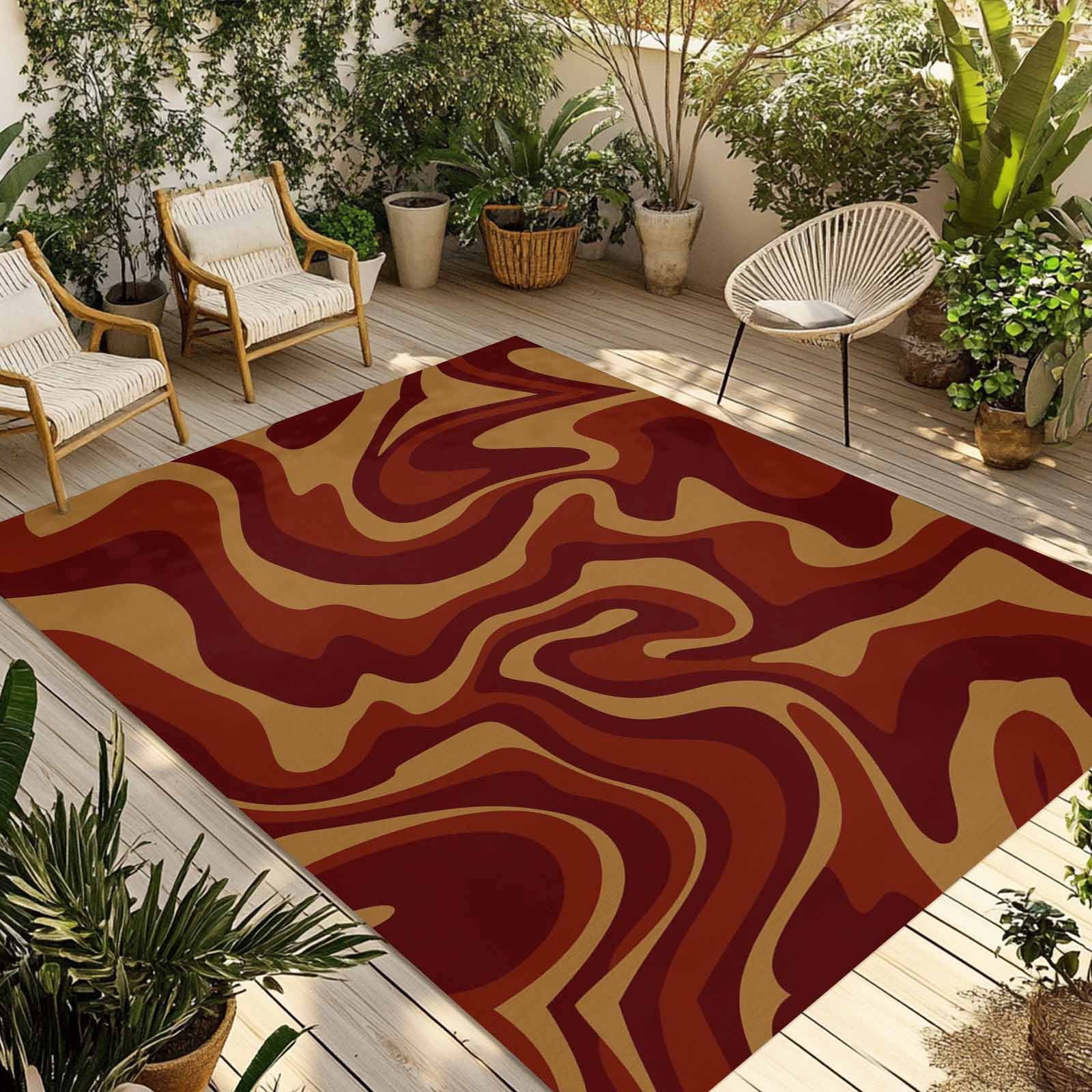 Abstract Distortion Texture Outdoor Rug, Brown Yellow Line Fluid Art ...