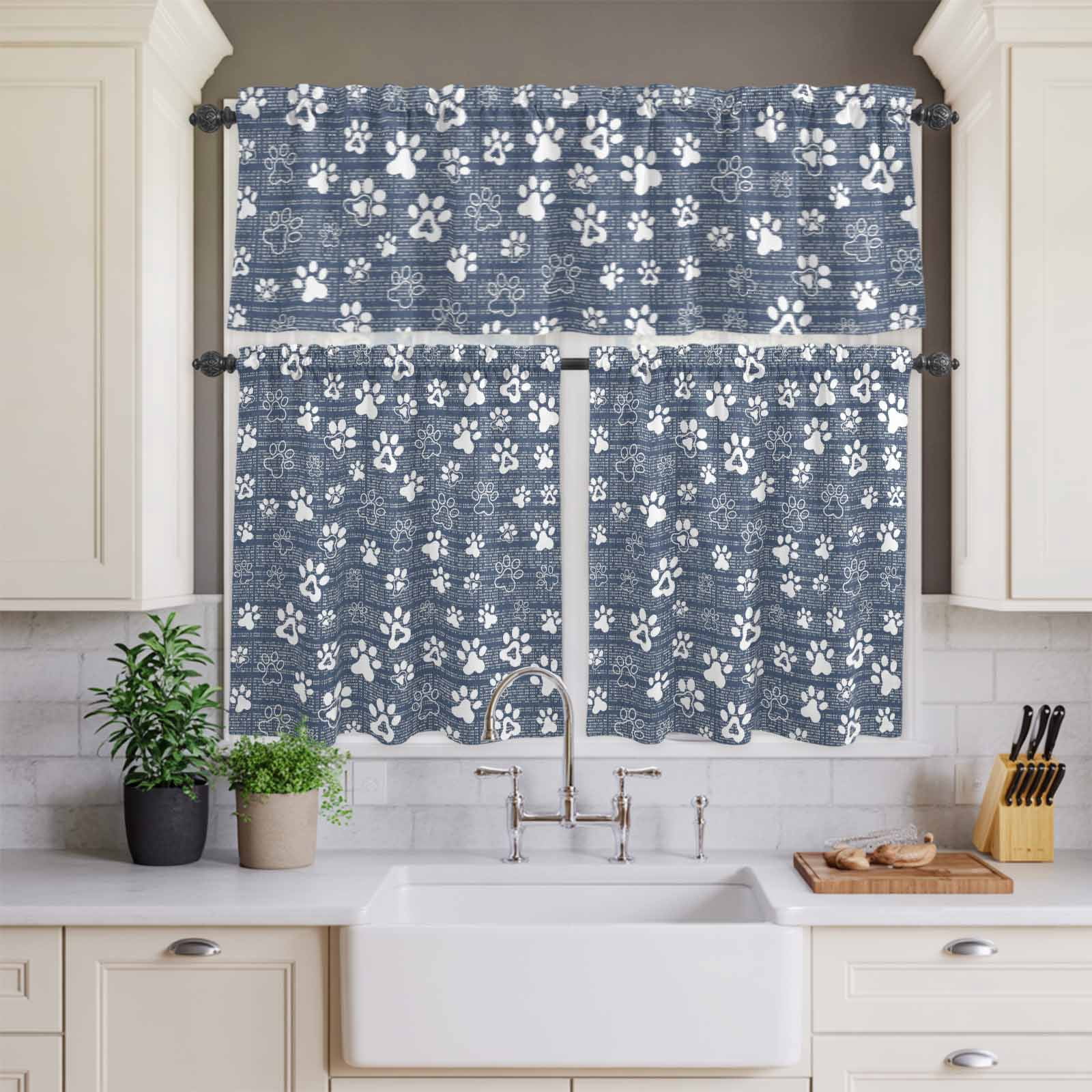 Abstract Dog Paw Navy Blue Curtain Tier and Valance Set 3 Piece,Cartoon ...