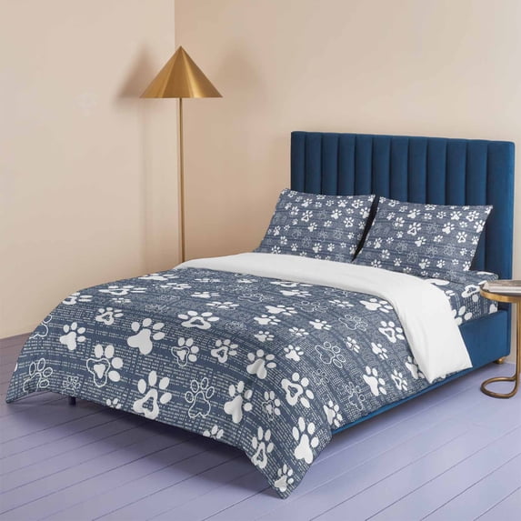 Abstract Dog Paw Navy Blue Queen Size Bed Set,Cartoon Prints Seamless ...