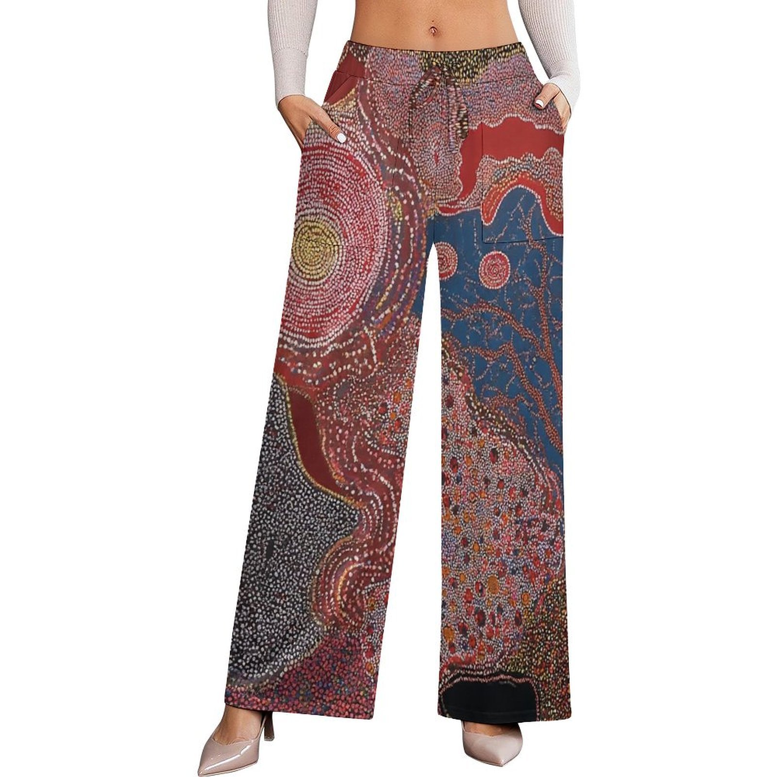 Abstract Dot Painting Landscape Art Women's Casual Wide Leg Pants Comfort Pockets Elastic Waist ...