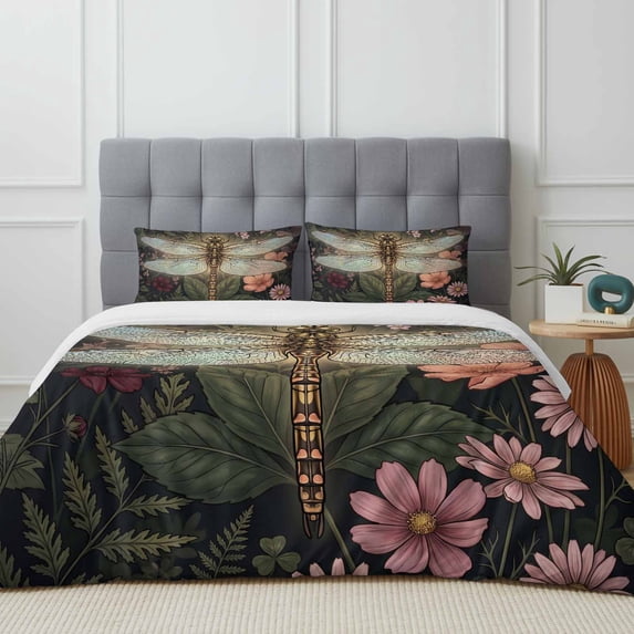 Abstract Dragonfly Duvet Cover Set King Size, Nature Wildflowers Field ...