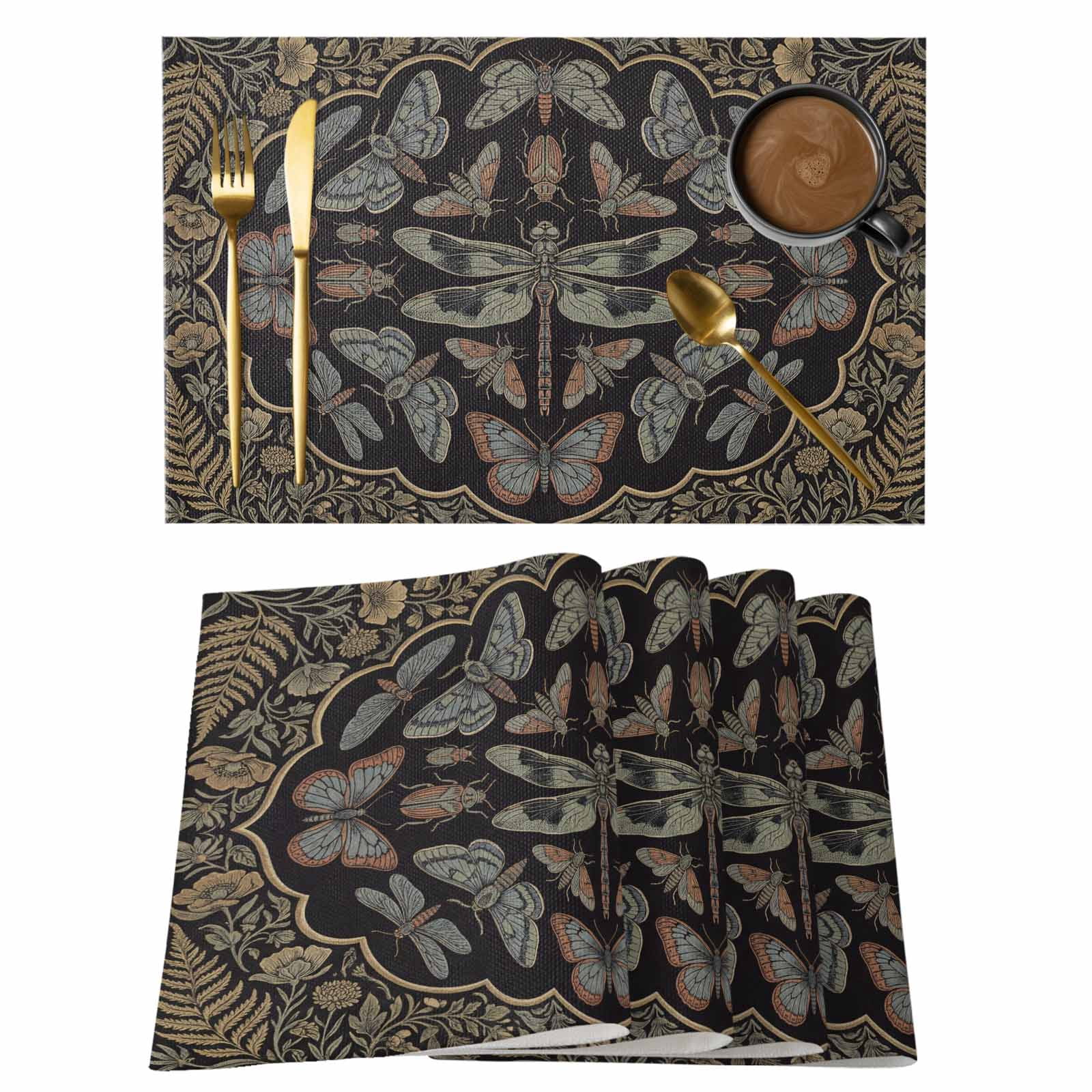 Abstract Dragonfly Placemats Set of 8 Butterflies Black Flowers Vintage ...