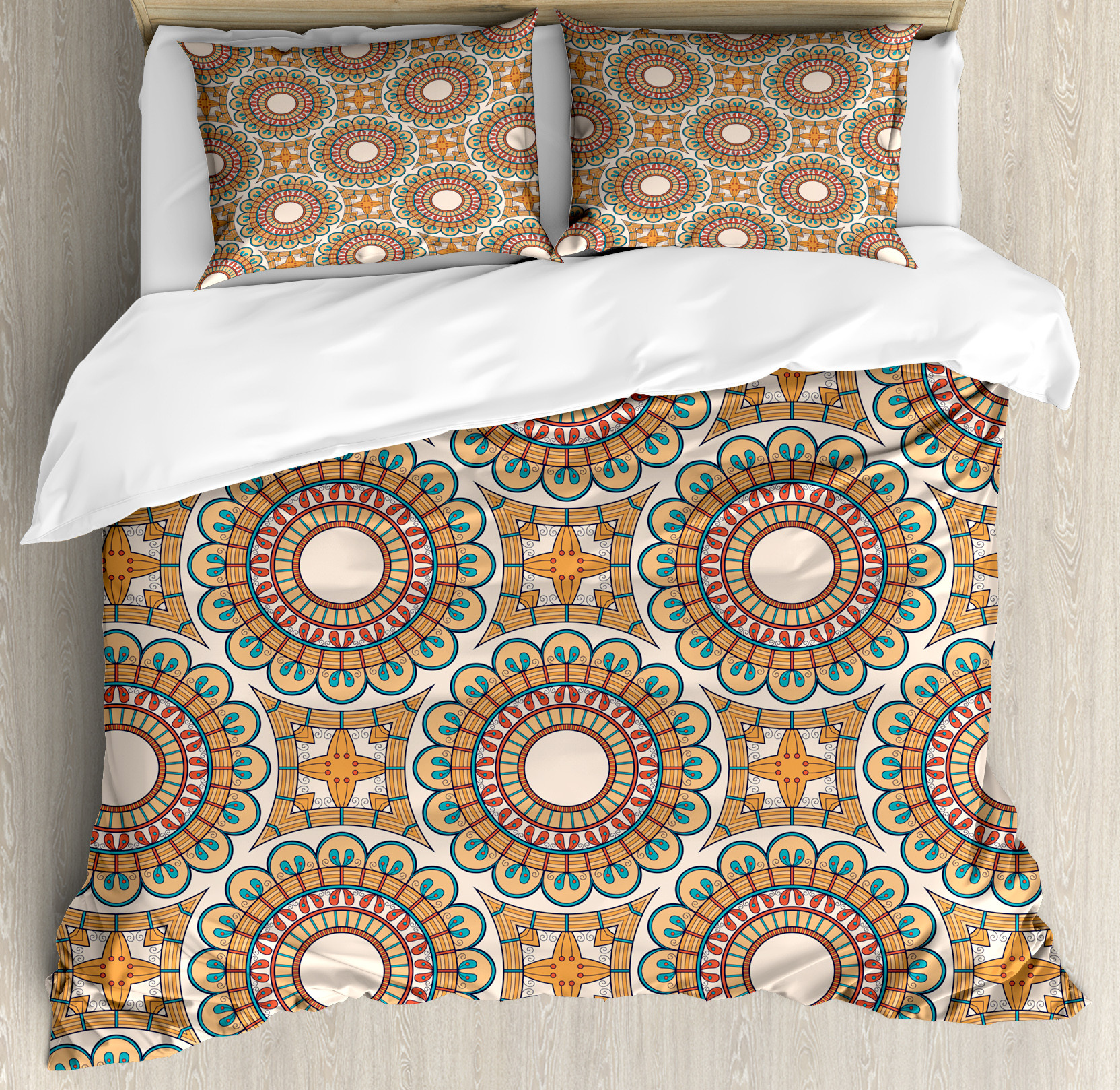Abstract Duvet Cover Set, Ethnic Art Style Floral Medallions in Earth ...