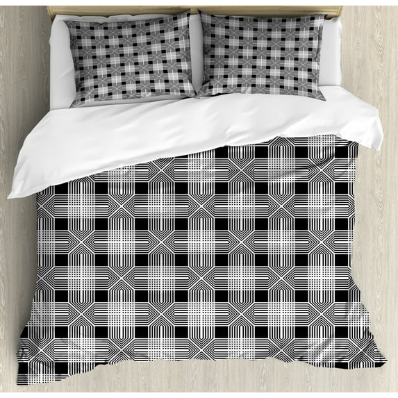 Abstract Duvet Cover Set King Size, Gingham Inspired Squares and Lines ...