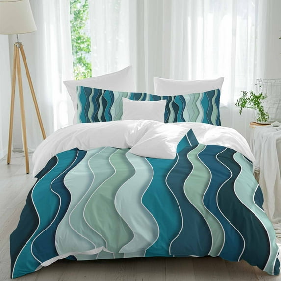 Abstract Duvet Cover Set King Size, Teal Gradient Waves Beach Lines 4 ...