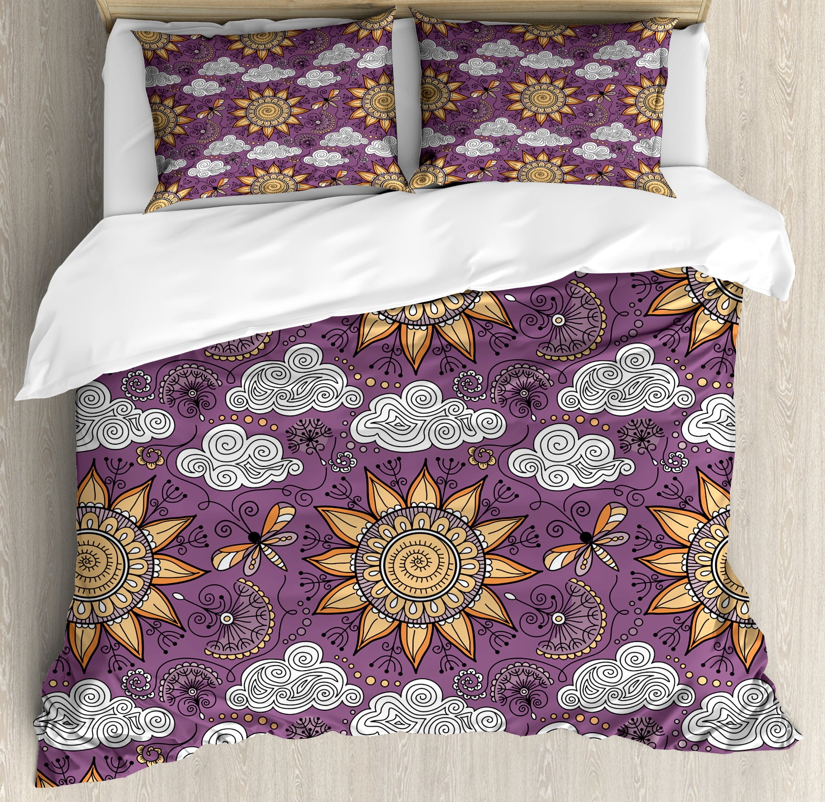 Abstract Duvet Cover Set, Pointy Petal Sun Rays Clouds Curvy Clouds ...