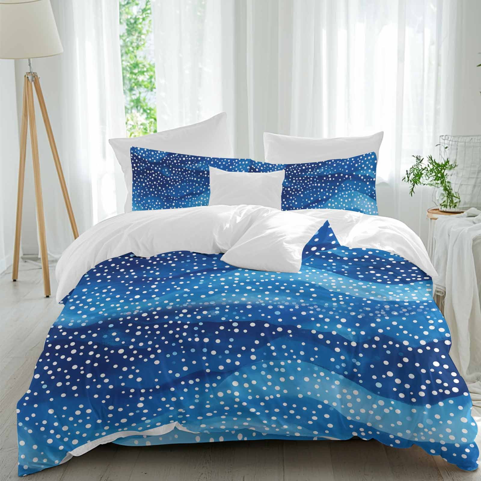 Abstract Duvet Cover Set Queen Size, Blue Watercolor Wave White Point 4 ...