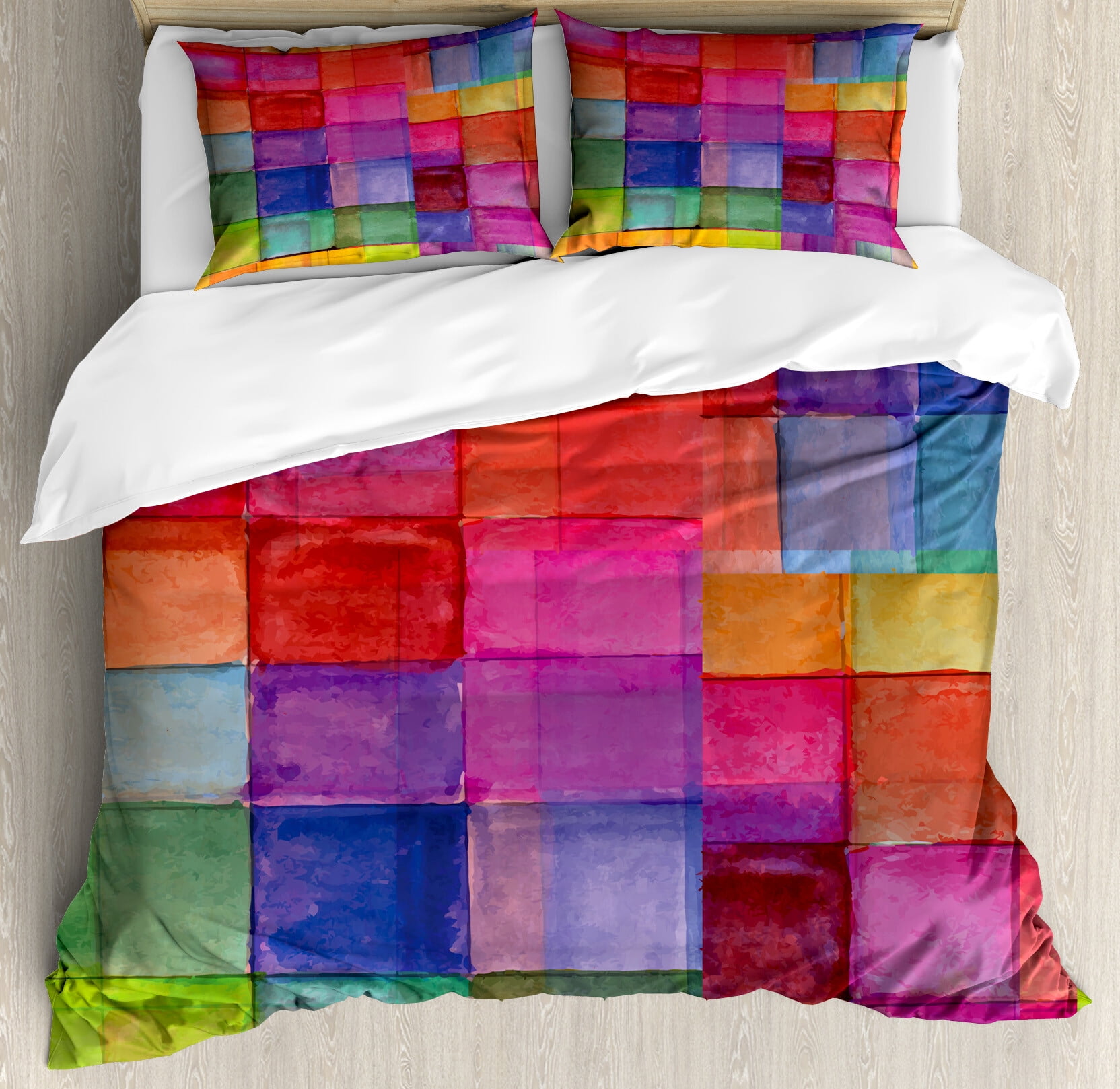 Abstract Duvet Cover Set, Rainbow Colored Geometric Square Shaped ...