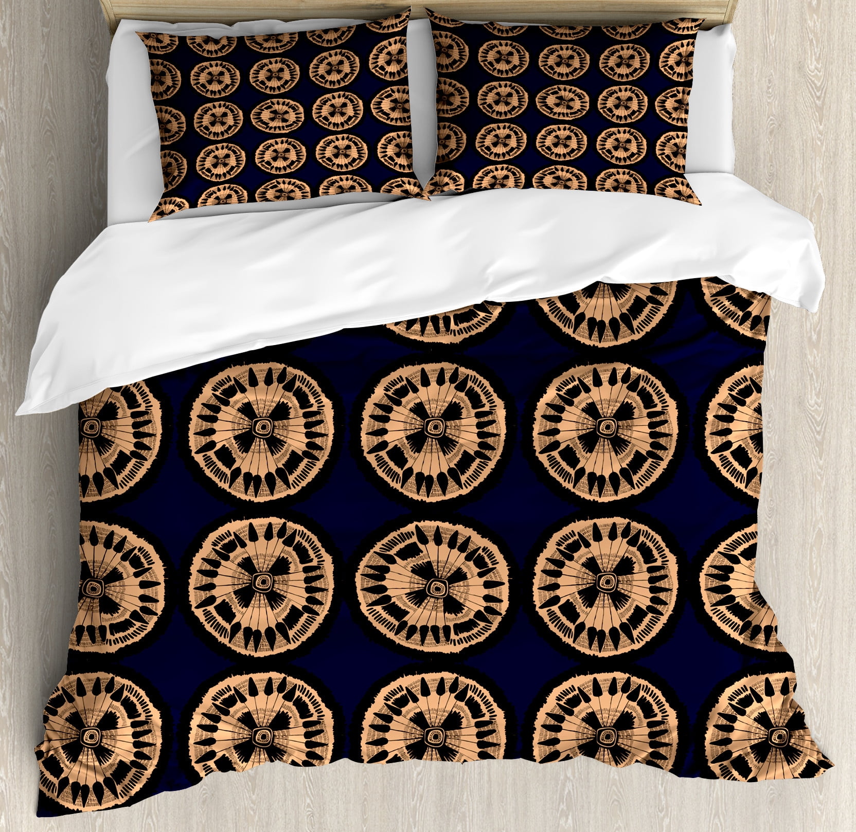 Abstract Duvet Cover Set, Rhythmic Ethnic Circles Motifs Woodcut Look ...