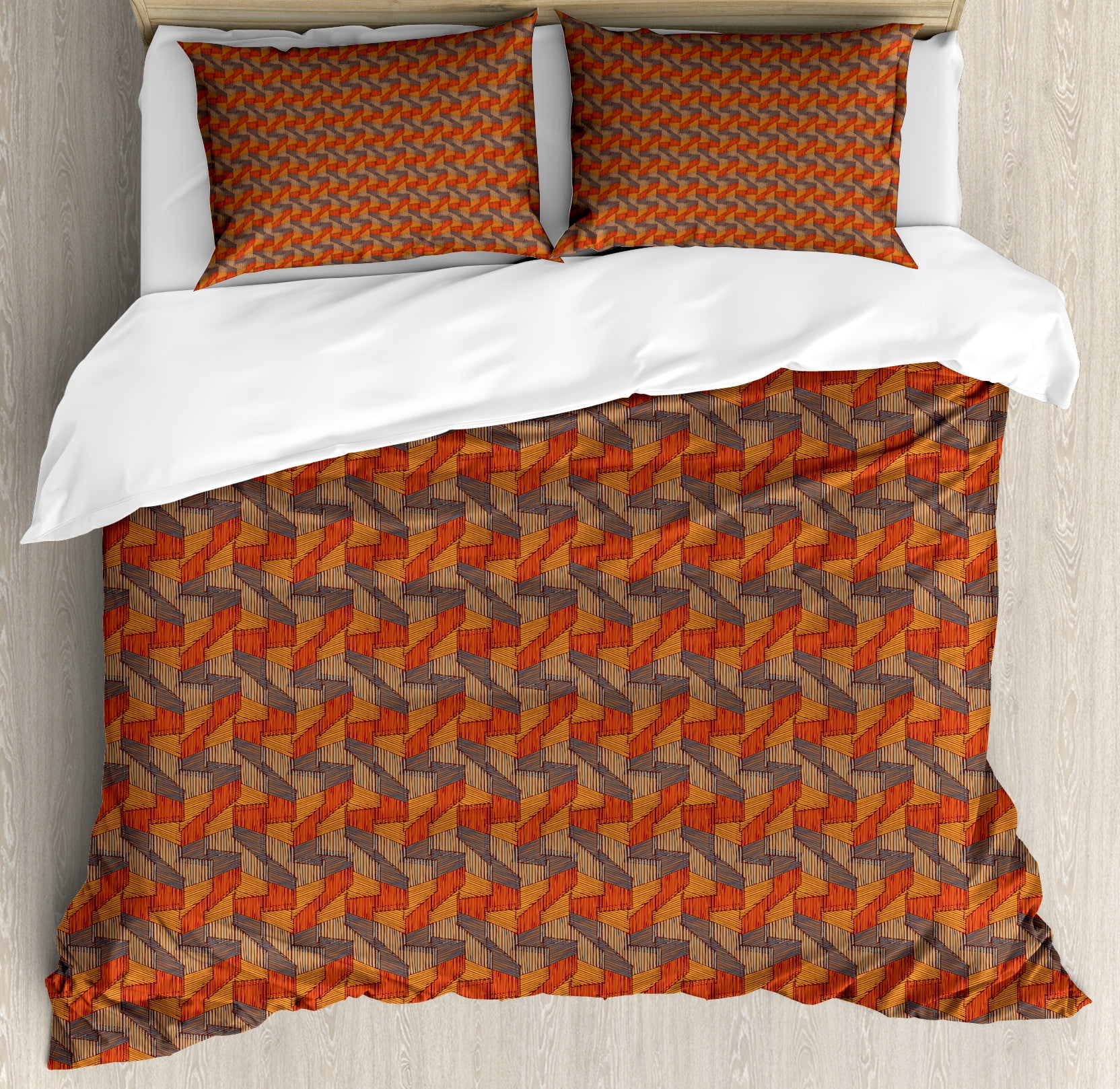 Abstract Duvet Cover Set, Striped Whimsical Shapes Illustrated in Retro ...