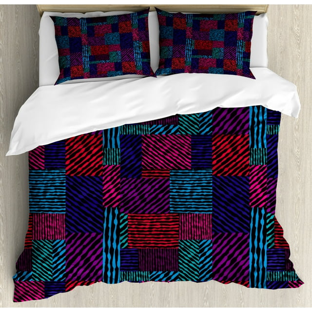 Abstract Duvet Cover Set, Trippy Patchwork Modern Wavy Sketchy Lines ...