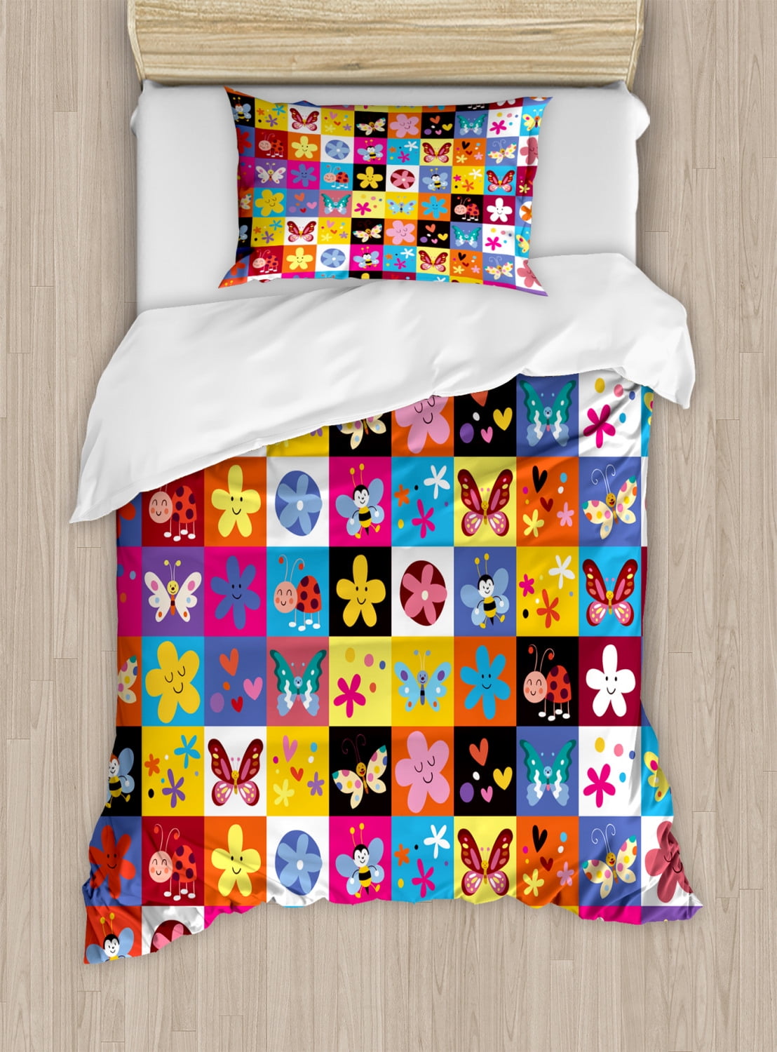 Abstract Duvet Cover Set Twin Size, Butterflies Beetles Flowers Bees ...