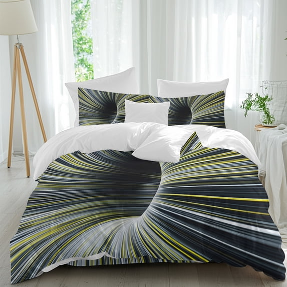 Abstract Duvet Cover Set Twin Size, Lemon Yellow White Linear Warp ...