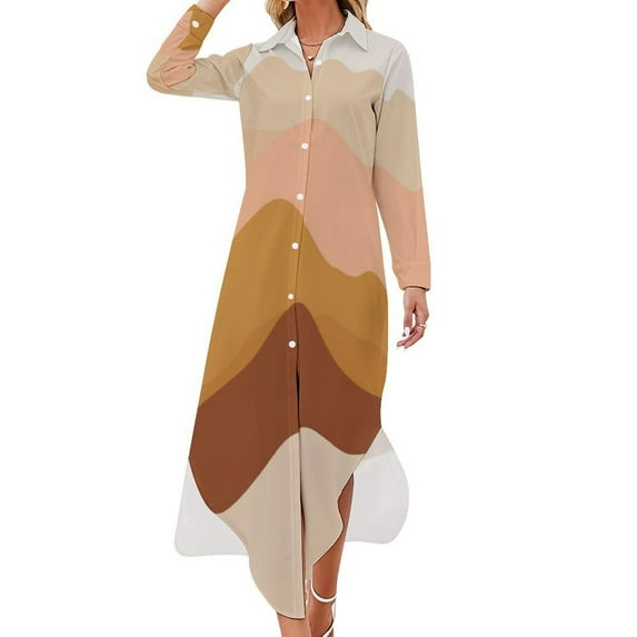 Abstract Earthy Tone Landscape Art Shirt Dress Long Sleeve Street ...