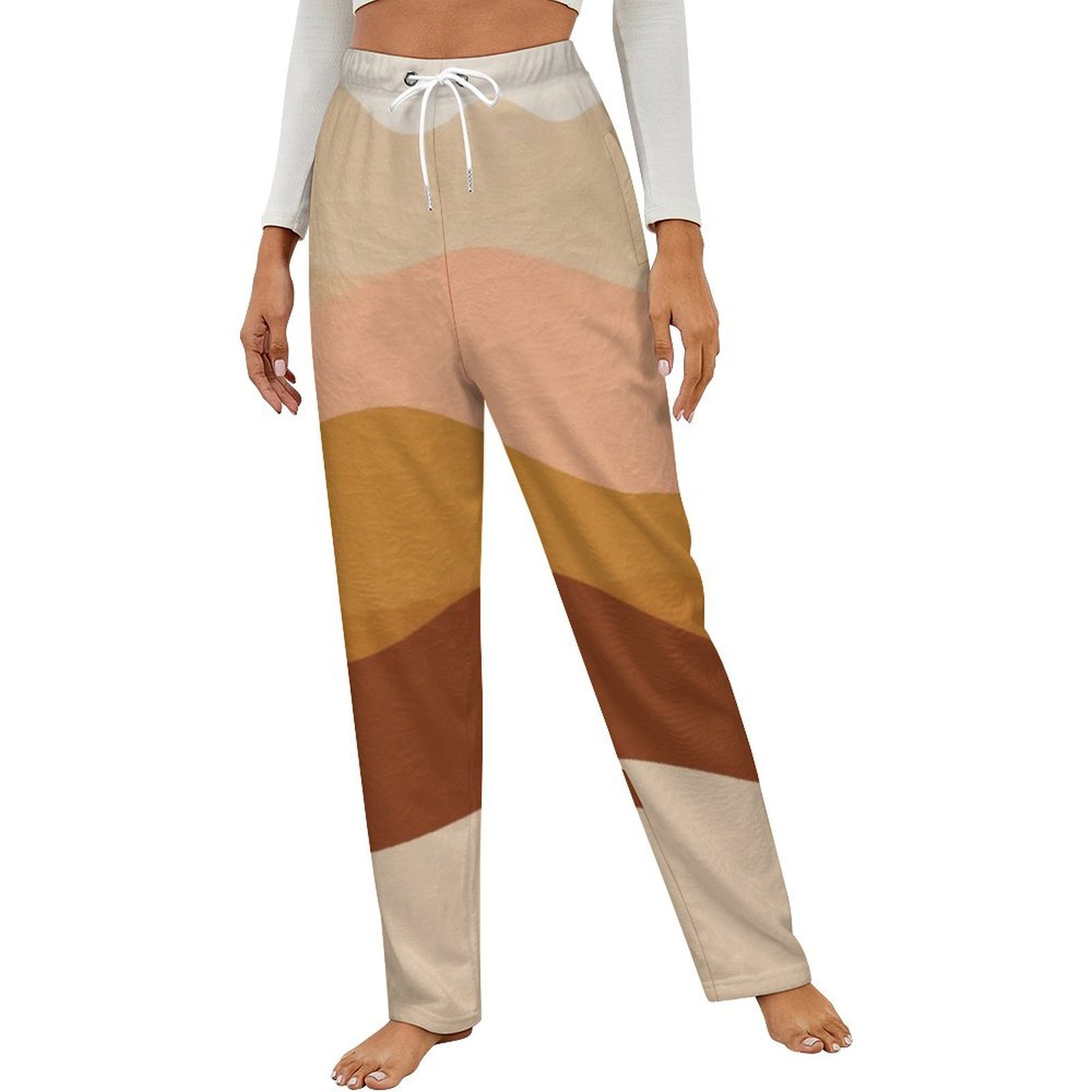 Abstract Earthy Tone Landscape Art Winter Female Pants Flannel High Waist Women Pants Lady Warm ...