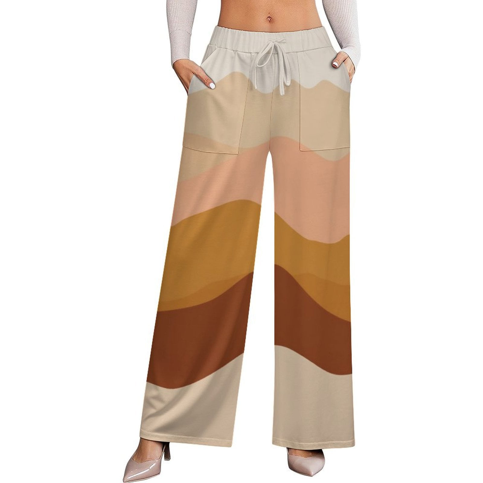 Abstract Earthy Tone Landscape Art Women's Casual Wide Leg Pants Comfort Pockets Elastic Waist ...