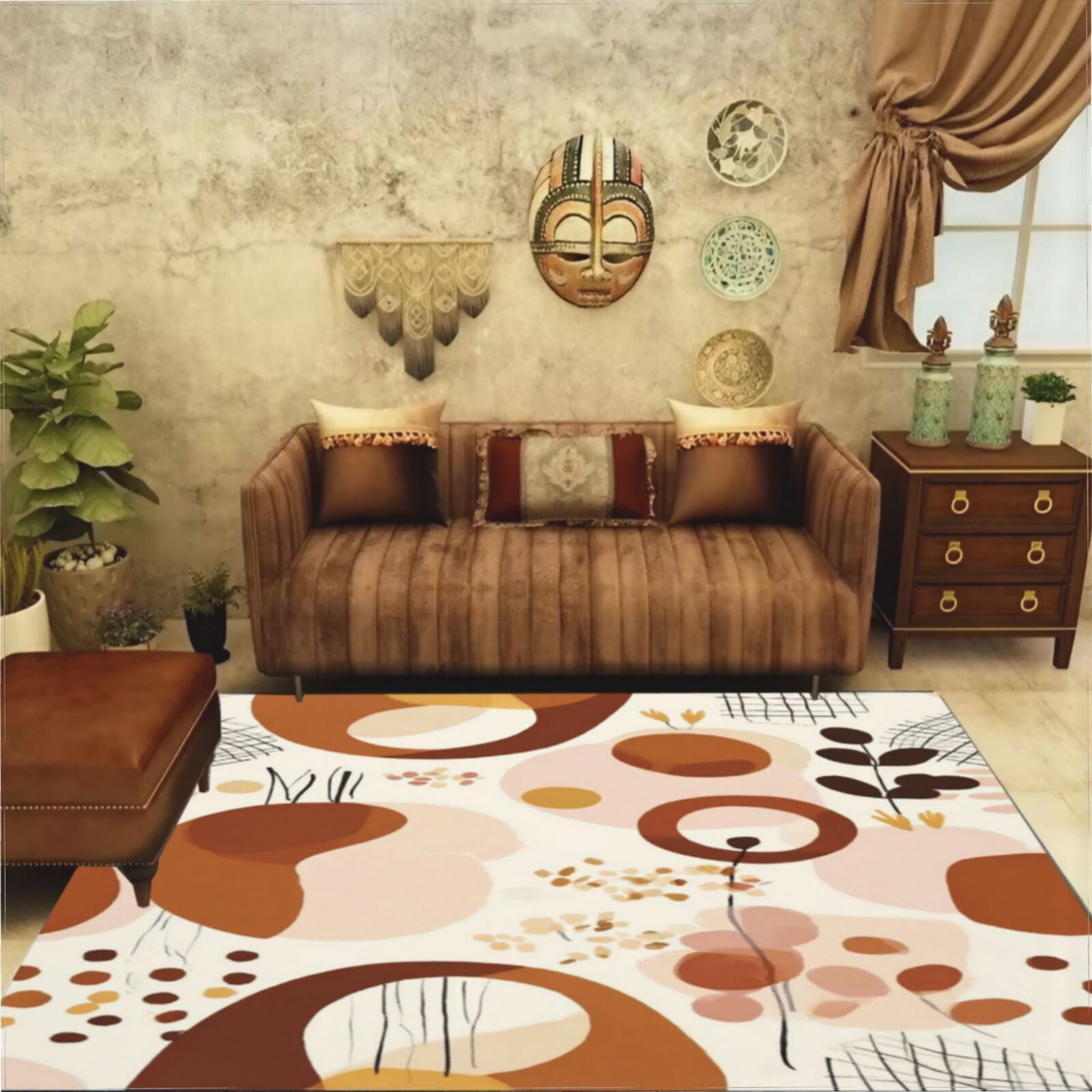 Abstract Earthy Tone Shapes Light Luxury Retro Carpet Large Size Living ...