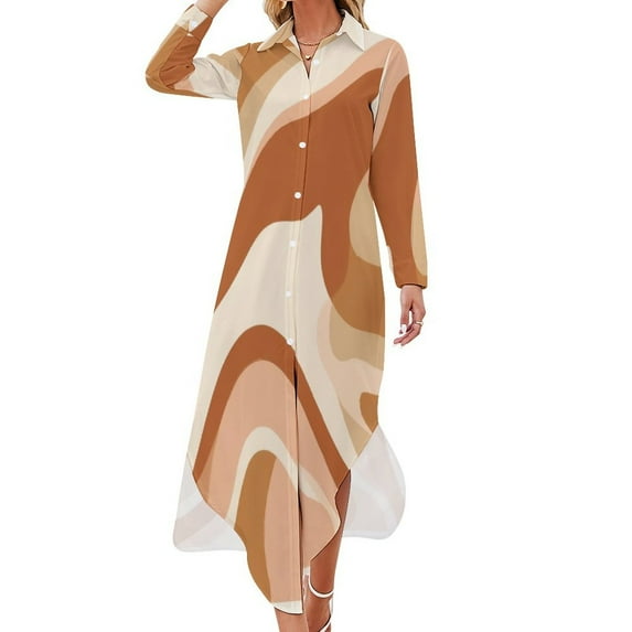 Abstract Earthy Tone Swirls Art Shirt Dress Long Sleeve Street Fashion ...