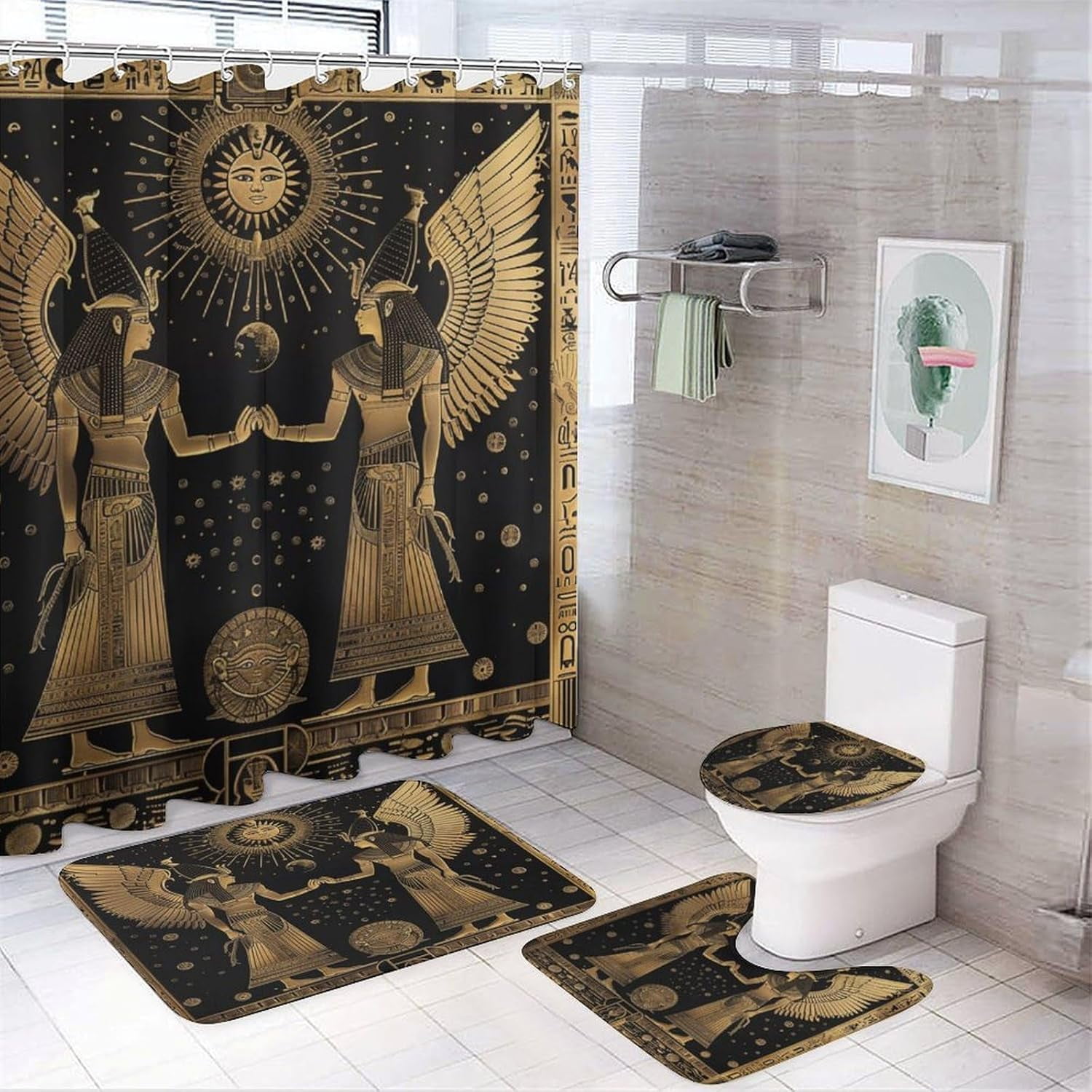 Abstract Egyptian Star Print Moon 4 Pcs Waterproof Shower Curtain Set ...