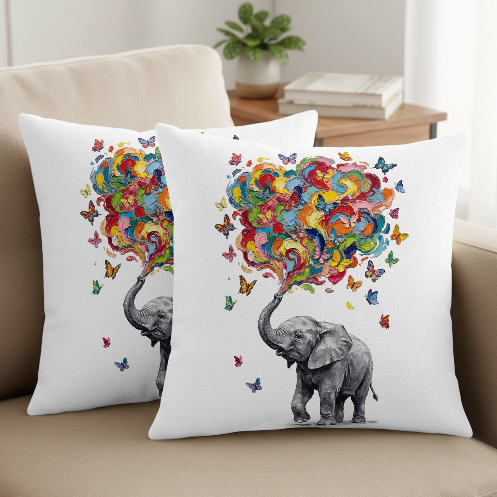 Abstract Elephant Pillow Covers Set of 2, Colored Cloud Paint Red Blue ...