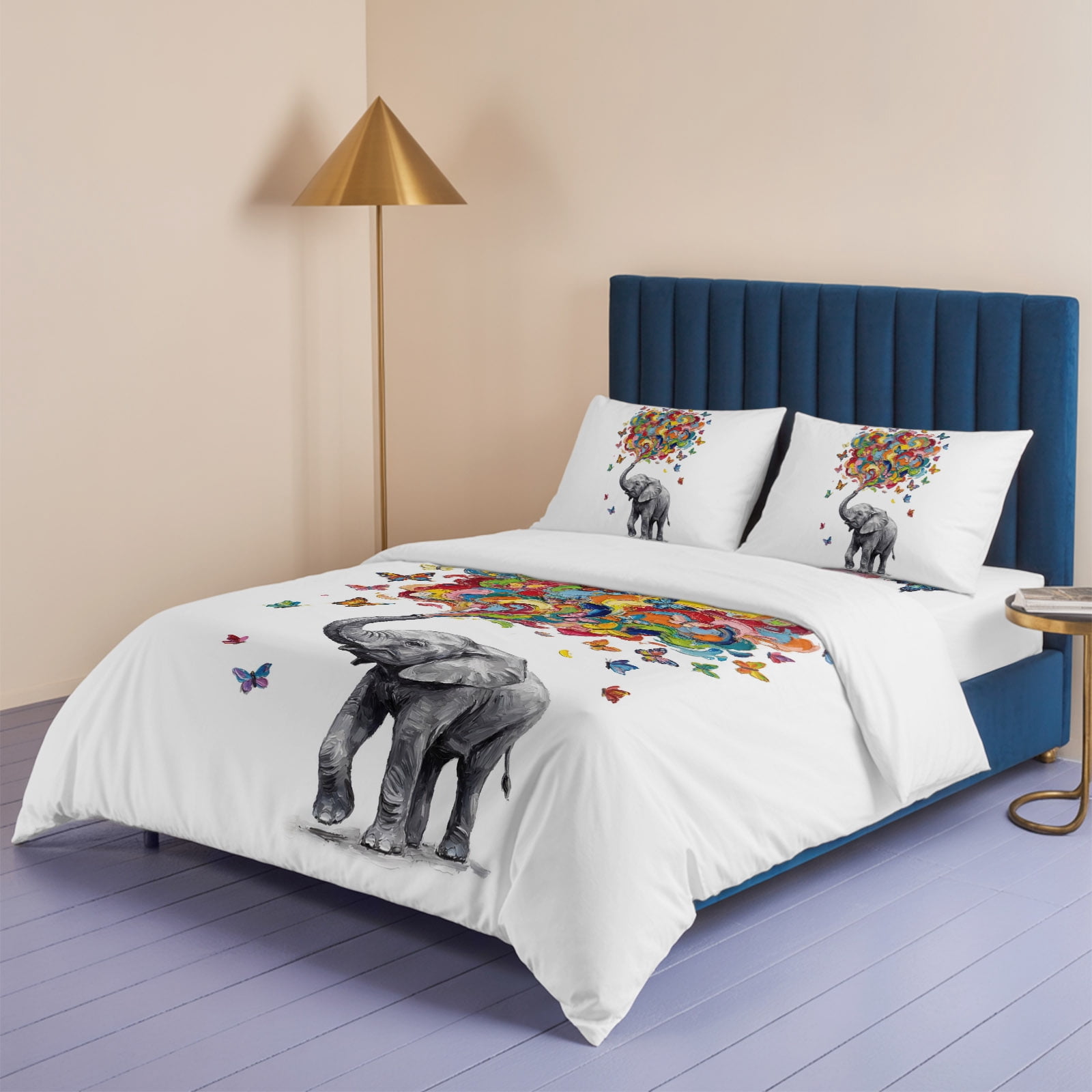 Abstract Elephant Queen Size Bed Set,Colorful Butterfly Red Blue Yellow ...