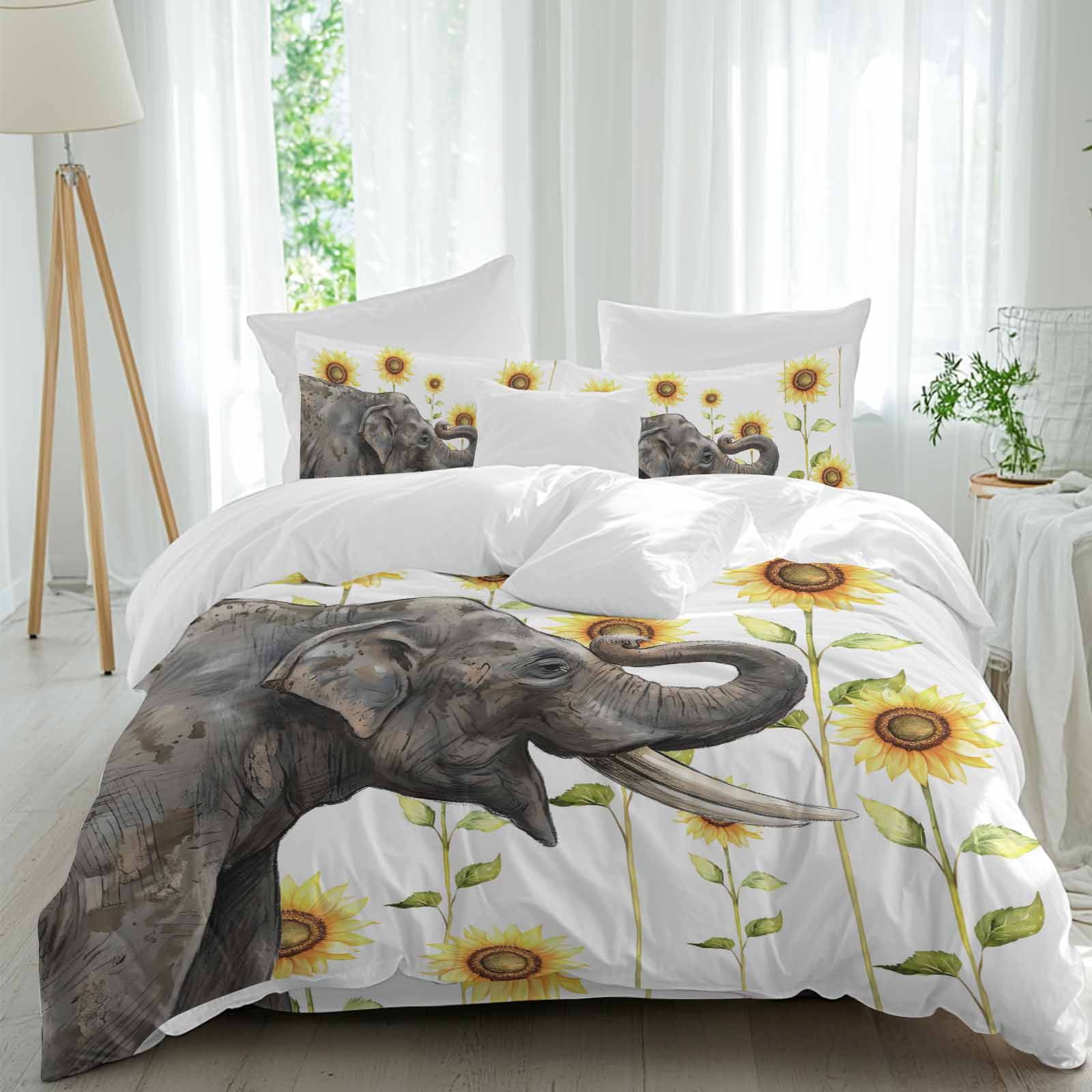 Abstract Elephants Sunflowers Leaves Soft Breathable Bedding Set with ...