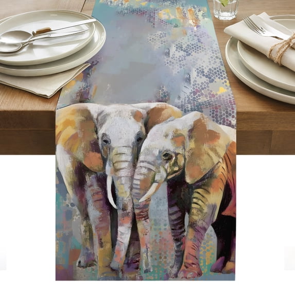 Abstract Elephants Table Runner Oil Painting Splash Modern Art ...