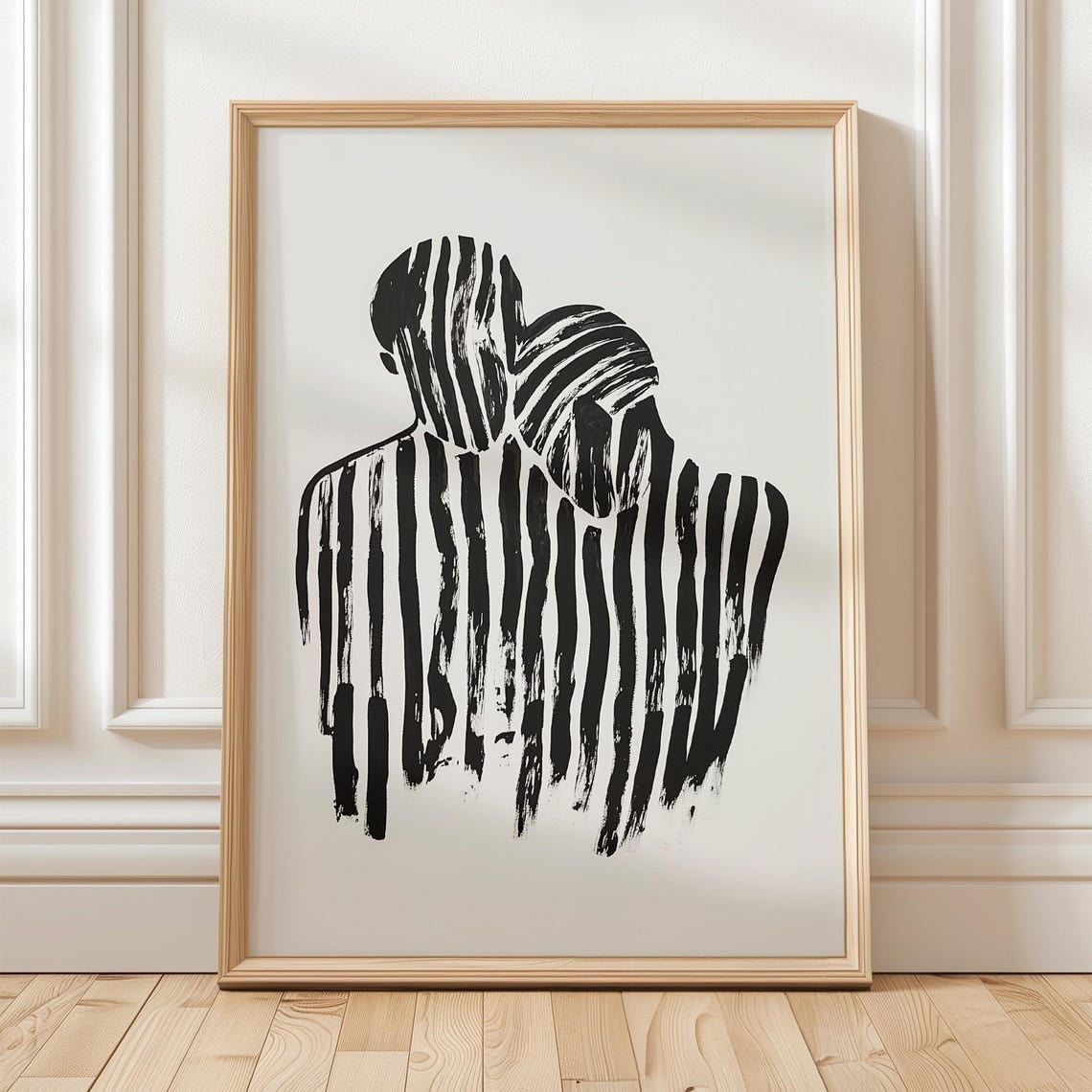 Abstract Embrace Art Print, Black And White Minimalist Couple Design, Striped Monochrome Wall ...
