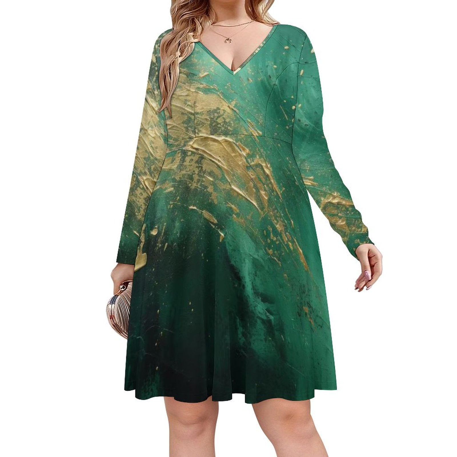 Abstract Emerald Green Gold Art Long Sleeve Dresses For Women Vintage Elegant Party Dress ...