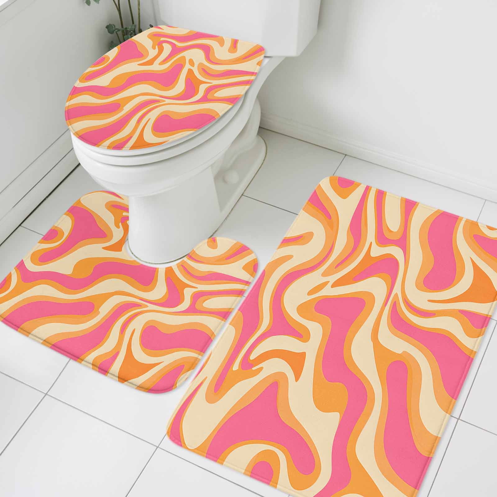 Abstract Energetic Art Bathroom Rugs Set Pink Orange Bright Decorative ...