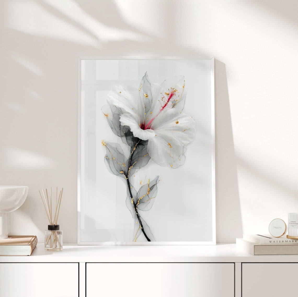 Abstract Ethereal Hibiscus Flower Watercolor Art Poster Monochrome ...